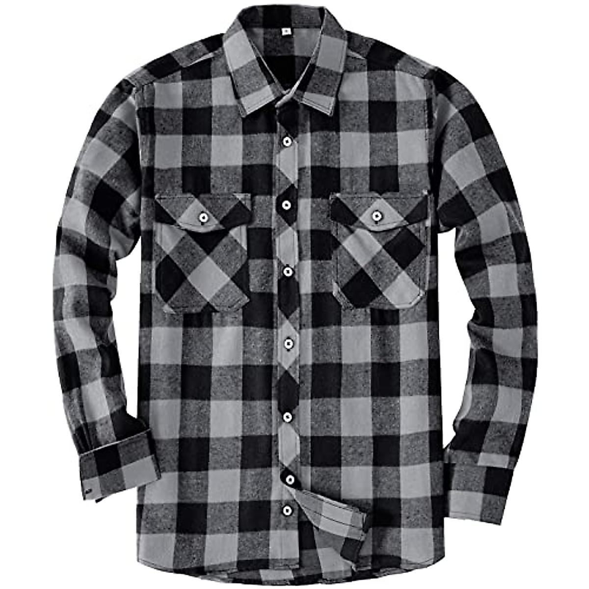 KUYIGO Men's Long Sleeve Plaid Flannel Casual Polo Shirts Button Down Regular Fit Shirt Grey&Black Medium