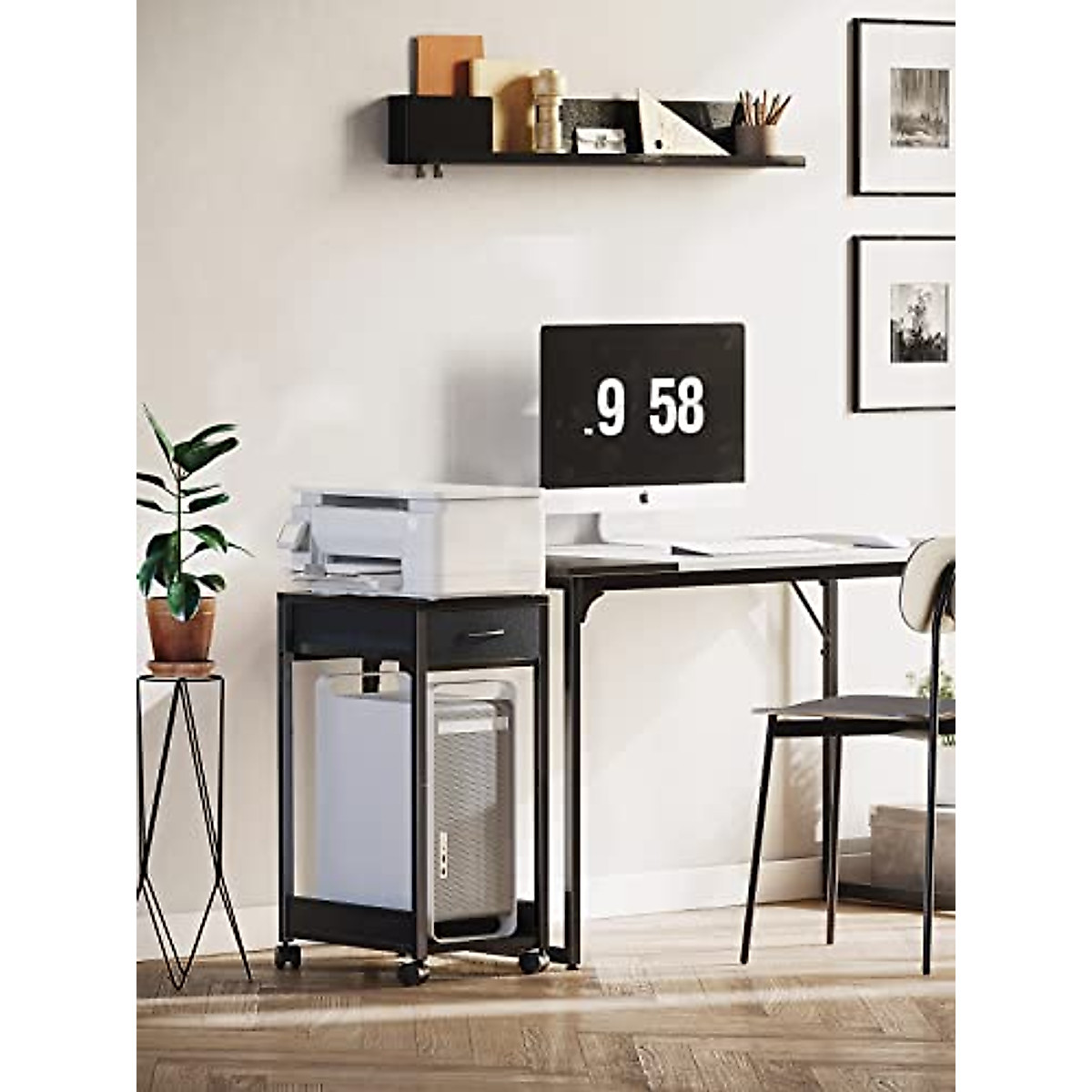 KKL Printer Stand with Storage, Computer Tower Stand with Drawer, Mobile PC Tower Stand Under Desk, CPU Stand Wood Desktop Stand for Home Office, Black & Dark Grey
