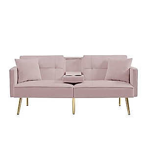 P PURLOVE Convertible Futon Sofa Bed for Living Room, Velvet Sofa Bed with Storage Pocket and 2 Pillows, Sleeper Sofa Couch with Adjustable Back for Office, Bedroom, Pink