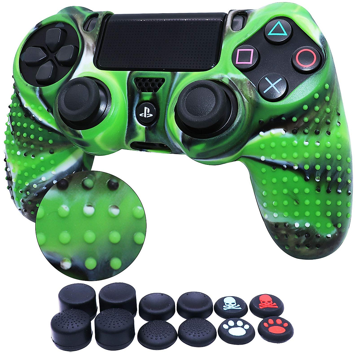 Water Transfer Printing Silicone Skin for PS4 RALAN ,PS4 Silicone Skin Controller for PS4 Slim/PS4 Pro Controller (Black Pro Thumb Grip x 8 ,Cat + Skull Cap Cover Grip x 2)