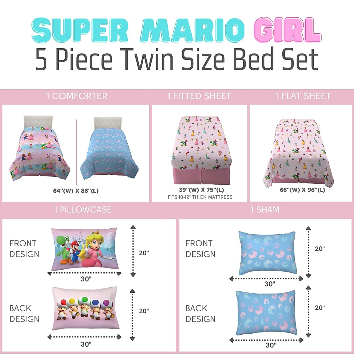 Franco Super Mario Girl Princess Peach Girl Gamer Kids Bedding Super Soft Comforter and Sheet Set with Sham, 5 Piece Twin Size, (Official Licensed Product)