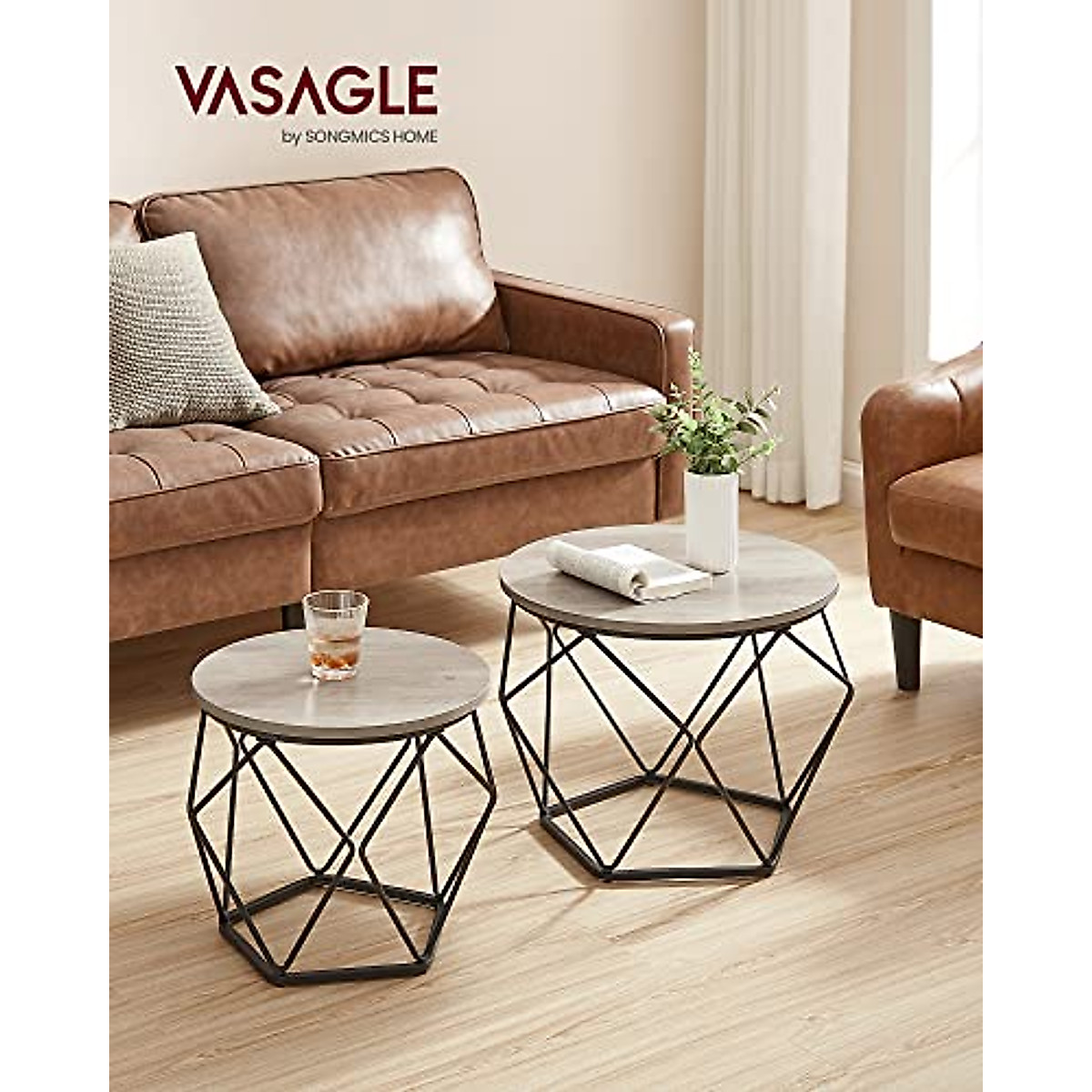 VASAGLE Small Coffee Table Set of 2, Round Coffee Table with Steel Frame, Side End Table for Living Room, Bedroom, Office, Greige and Black