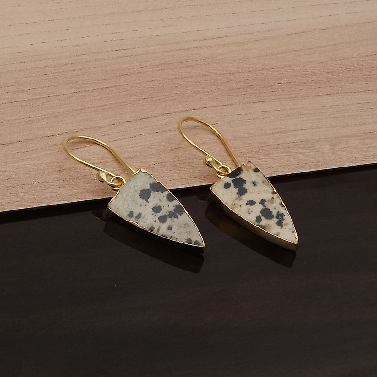 Handmade Dalmatian Jasper Gift For Women Gemstone | Dangle Drop Gold Electroplated | Triangle Shape Hook Style Earrings Jewelry 2051)12