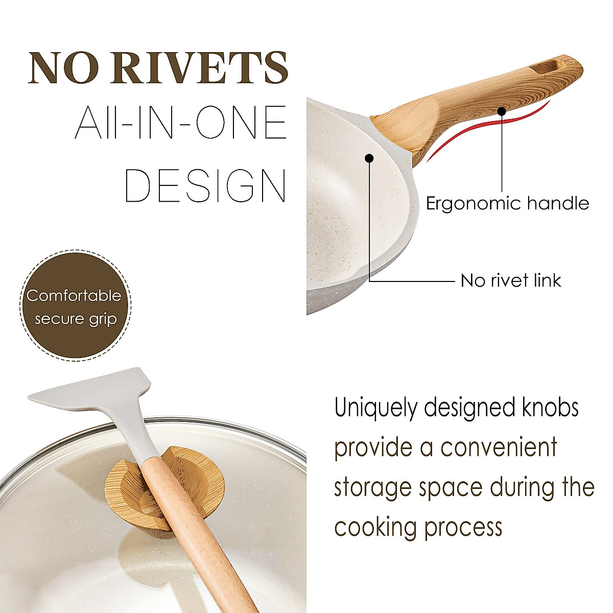 Caannasweis Nonstick Pots and Pans Set, Beige Granite Induction Kitchen Cookware Sets, 14 Pieces Non Stick Cooking Set, Large Capacity Saute Pan, PFOA Free