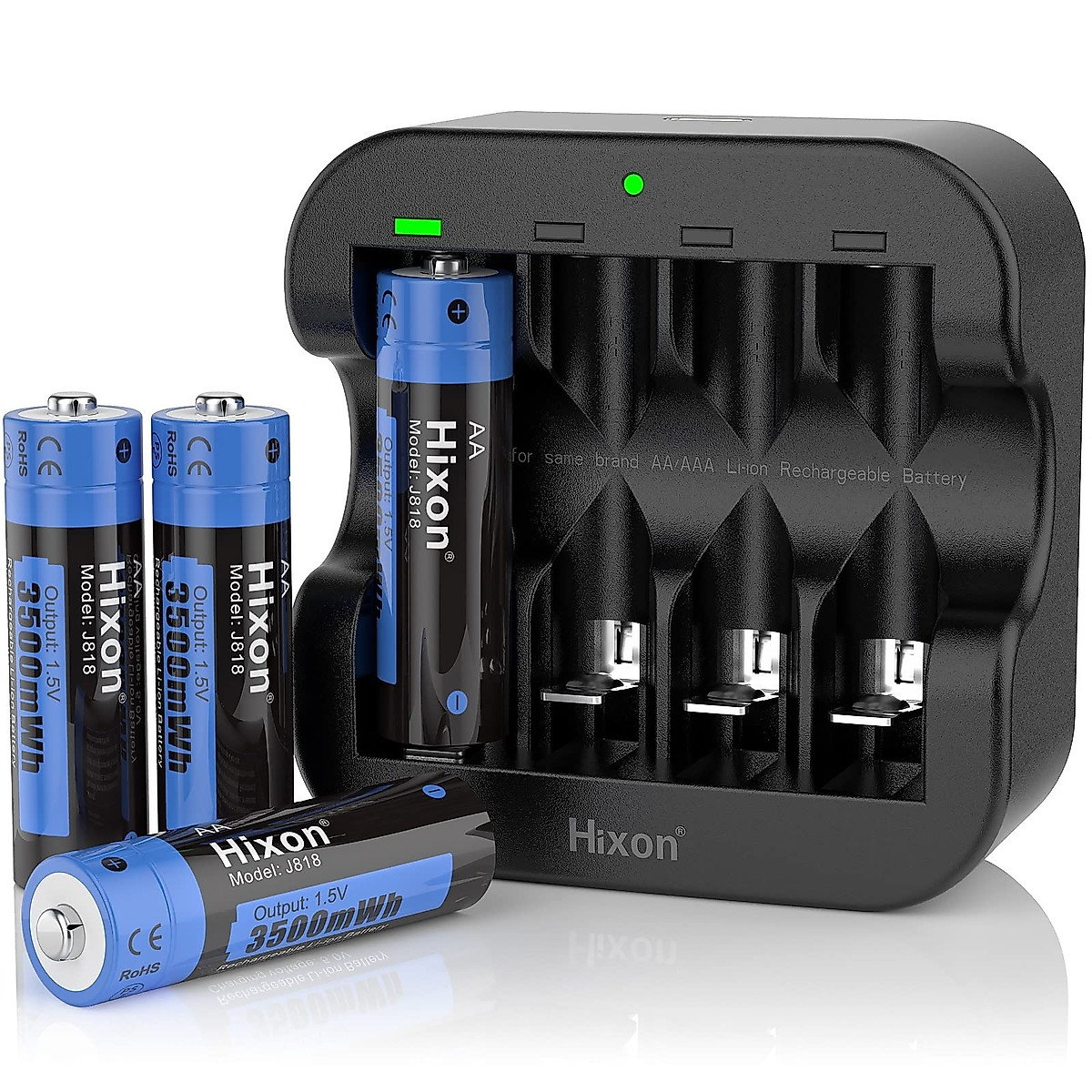 Hixon Rechargeable AA Batteries with Charger, 3500mWh AA Rechargeable Batteries,1.5V Constant Output,1600 Cycles Rechargeable Lithium AA Batteries,Max 3A Current,for Home&Office Use[4xAA+1xCharger]