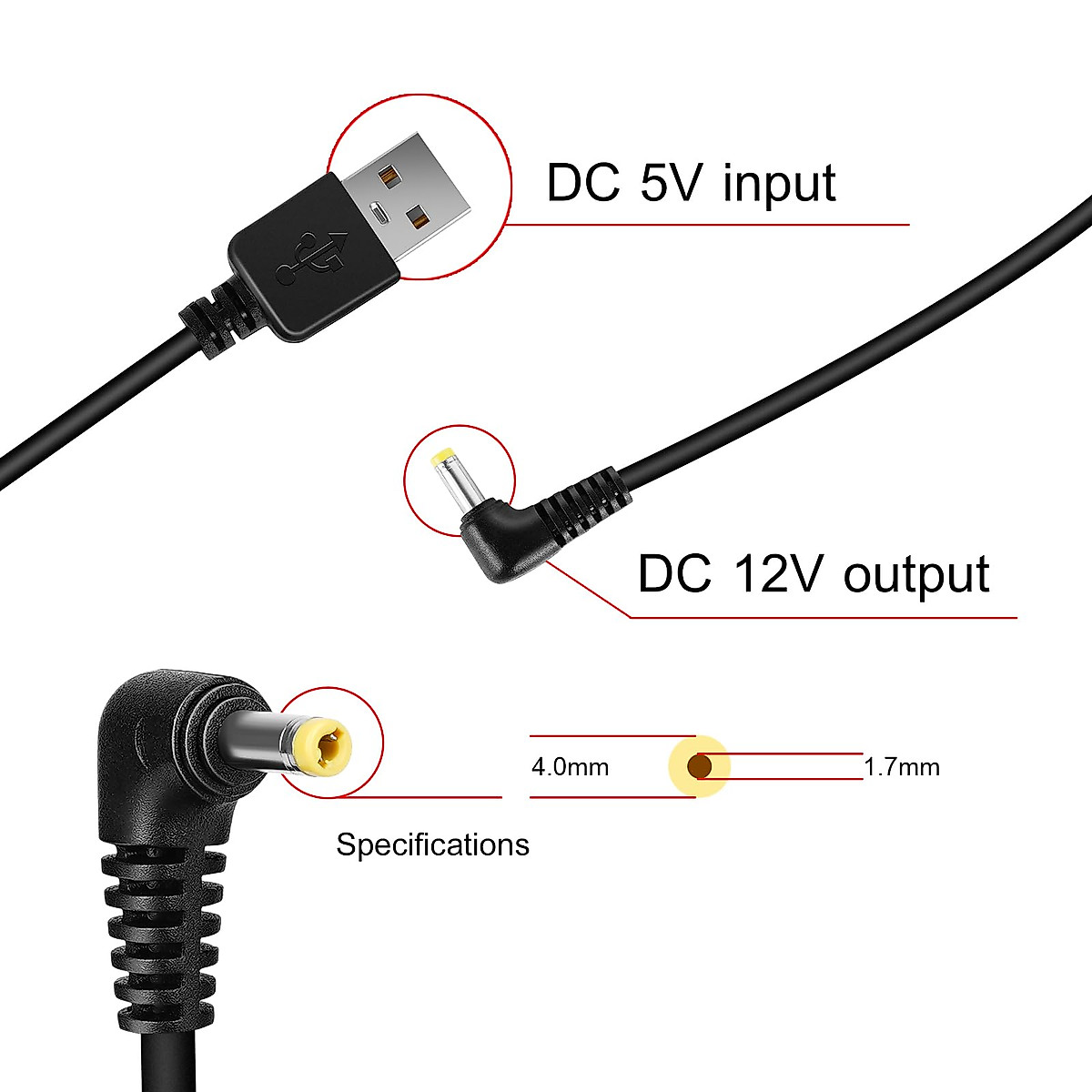 YAXIGE USB 5V to 12V DC Socket Mobile Cable 4mm x 1.7mm, Compatible with Dot Devices, USB Boost Converter Cable, Power Adapter Cable, LED Small Lighting, Small Fan Speaker