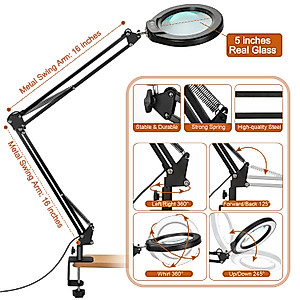 Veemagni 5 Inch Large Magnifying Glass with Light and Stand, 5 Color Modes Stepless Dimmable, 2*16 Inch Swivel Arm LED Clamp Desk Lamp, Hands Free 5X Lighted Magnifier for Close Work Crafts Soldering