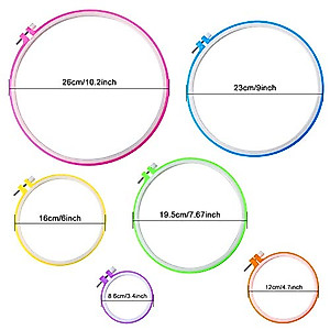 Caydo 6 Pieces Embroidery Hoops and 15 Needles, Plastic Circle Cross Stitch Hoop Ring Embroidery Circle Set, 3.4 inch to 10.4 inch (Multicolor)
