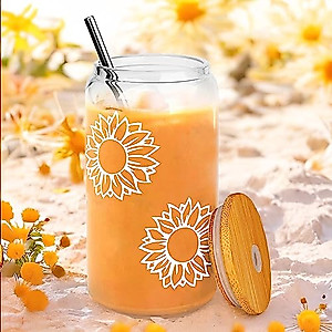 Sunflower Gifts for Women - Sunflower Cup with Bamboo Lids and Straw, Cute Sunflower Cups, Beer Can Shaped Drinking Glass Cup, Inspirational Sunshine Birthday Christmas Gifts for Mom - 16 oz Can Glass