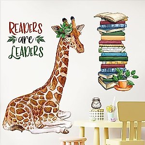 Mfault Giraffe Reading Corner Baby Boys Girls Wall Decals Stickers, Readers are Leaders Woodland Animals Read Books Nursery Playroom Decorations Bedroom Classroom Art, Kids Library Toddler Room Decor