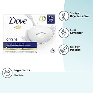 Dove Beauty Bar Gentle Skin Cleanser Moisturizing for Gentle Soft Skin Care Original Made With 1/4 Moisturizing Cream, 3.75 Ounce (Pack of 14)