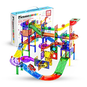 PicassoTiles 108pc 3-in-1 Marble Run Car Race Track Combo Magnetic Tiles PicassoToys Magnet Building Block Educational Construction Toy Playset STEM STEAM Learning Kit Child Brain Development PTG108