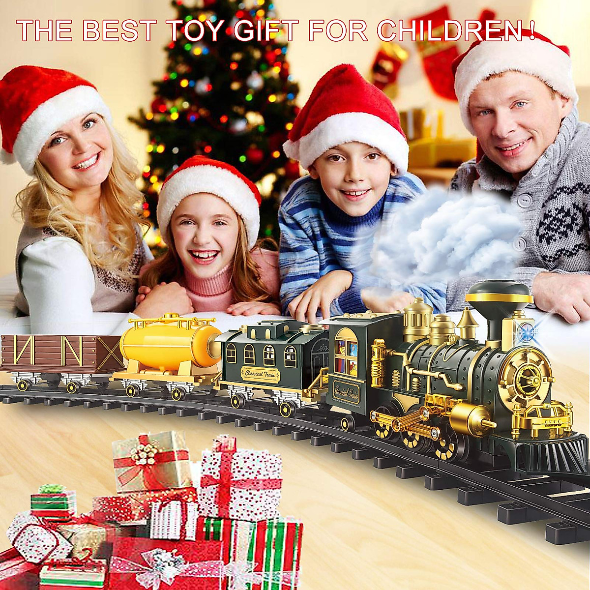 Train Set for Christmas Tree, Updated Large Remote Control Electric Train Toy for Boys Girls w/Smokes, Lights & Sound, Railway Kits w/Steam Locomotive Engine, for 2 3 4 5 6 7 8+ Year Old Kids