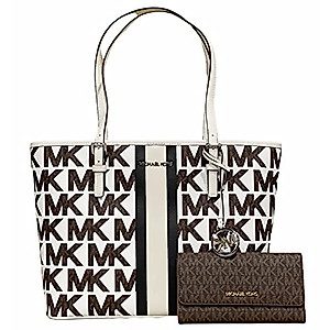 Michael Kors Jet Set Travel Medium Carryall Tote Brown Graphic MK Logo Optic White…