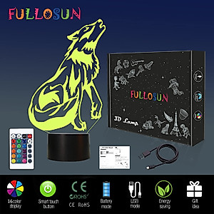 FULLOSUN Wolf Gifts, 3D Night Light for Kids Optical Illusion Lamp Co-Sleeping,Remote Controller with 16 Color Changing Birthday Gifts & for Kids, Boys & Men