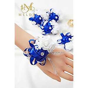 Meldel Prom Flower Wrist Corsages for Wedding, Set of 6, Royal Blue Wrist Corsages for Prom Bridal Bridesmaid Girl, Rose Hand Flower for Wedding Ceremony Anniversary,Dinner Party, Homecoming