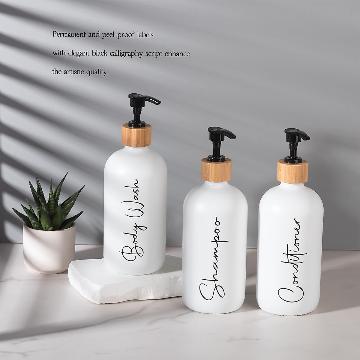 Glass Shampoo and Conditioner Pump Bottles Soap Dispenser Bamboo Pump Head Empty Glass Refillable Shampoo Conditioner Body Wash Soap Bottles for Bathroom, 17 oz, 3 Pack, White