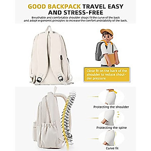 Lightweight School Backpack for Women Men, Laptop Travel Casual Daypack College Secondary School Bags Bookbag for Teenage Girls Boys, Beige
