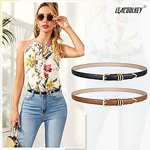 LEACOOLKEY 2 Pack Women's Skinny Faux Leather Belt with Gold Buckle Thin Waist Belt for Jeans Pants, Black/Brown