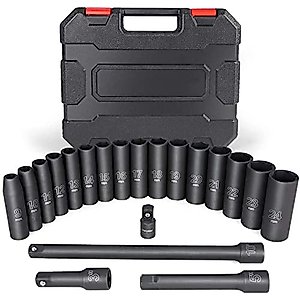 Vistreck 1/2 '' Impact Socket Set, 20 Piece 6 Point Impact Set, Metric Sizes (9-24mm) Socket Set with 3" 5" 10" Impact Extension Bar, 1/2" Adapter, CR-V Steel, Deep Socket Set 1/2 Drive