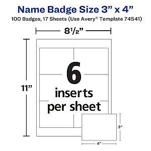 Avery Customizable Name Badge Clips, 3" x 4", White, 100 Printable Inserts and Badge Holders with Clips (74541)