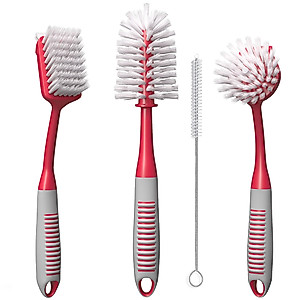 Dish Brush Set of 3 with Bottle Water Brush, Dish Scrub Brush and Scrubber Brush - Kitchen Scrub Brushes Ergonomic Non Slip Long Handle for Cleaning Cleaner Wash Sink Dishes Bottle Cup Glass Pot (Red)