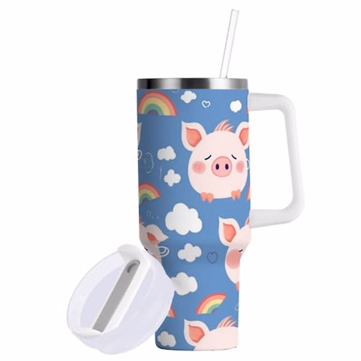 Wusikd Pig Face Tumbler Handle Lid and Straw Rainbow Clouds Water Bottle Stainless Steel Coffee Travel Tumbler Mug Cup Gifts for Men Women 30oz