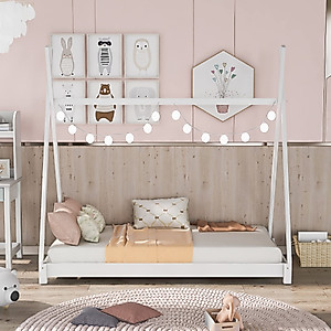 Solid Wood Twin Size Canopy Platform Bed with Triangle Structure, Twin Floor Bed Frame for Boys, Girls, Teens, Mattress Base, No Box Spring Needed (White)