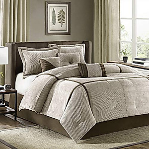 Madison Park Cozy Comforter Set Casual Blocks Design All Season, Matching Bed Skirt, Decorative Pillows, King (104 in x 92 in), Dallas Taupe/Brown, 7 Piece