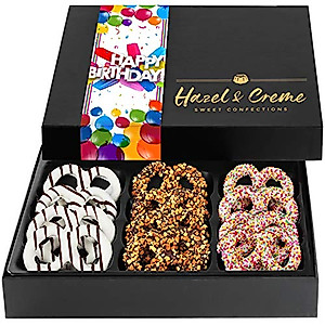 Hazel & Creme Chocolate Covered Pretzels - HAPPY BIRTHDAY Chocolate Gift Box - Birthday Food Gifts - Gourmet Food Gift (Large Box)