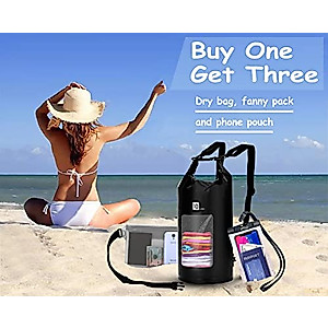 AiRunTech Waterproof Dry Bag, 10L Roll Top Compression Sack with Phone Dry Bag Case and Long Adjustable Shoulder Strap Included for Outdoor Water Sports, Boating, Hiking(Black, 10L with Window)