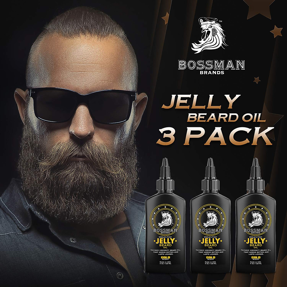 Bossman Beard Oil 4oz, Thicker consistency Jelly - Made in USA - Longer Lasting - Bigger Bottle - Natural Ingredients - Non Greasy - 3 Pack (Gold)