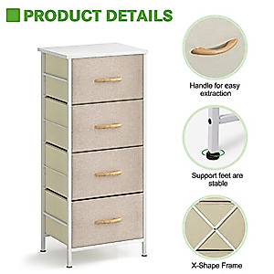 JSungo Dresser Storage Tower with 4 Drawers, Fabric Organizer Unit with Wooden Top for Bedroom, Living Room, Closets, 4 Tier Fabric Shelf with Steel Frame and Handles for Printer, Beige