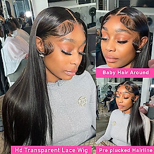 Straight Lace Front Wigs Human Hair 180 Density 13X4 HD Transparent Lace Frontal Wigs Straight Human Hair Wigs With Baby Hair Hairline Brazilian Virgin Human Hair Glueless Wig For Women (24 Inch)