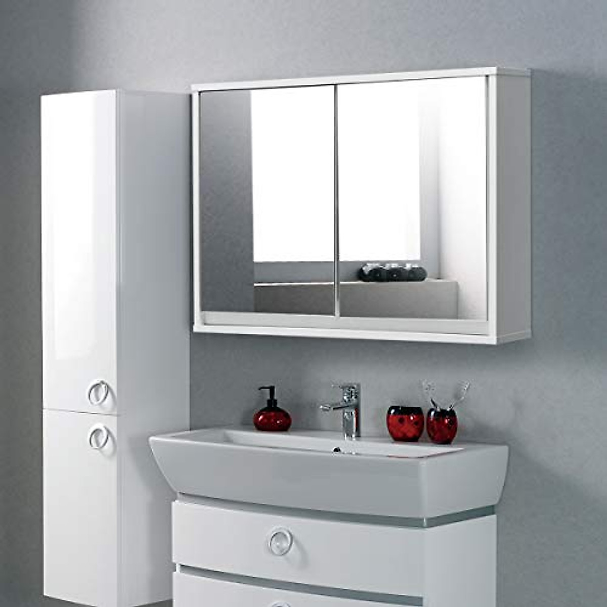 Tangkula Wide Medicine Organizer Bathroom Cabinet Double Mirror Door Wall Mount Storage Shelf White (22" Wood