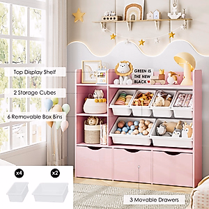 FACBOTALL Toy Storage Organizer with 3 Movable Drawers, Bookshelf and Bookcase with 6 Plastic Bins & 2 Storage Cubbies, Toy Chest with Hidden Wheels, Toy Storage Box for Playroom, School, Pink