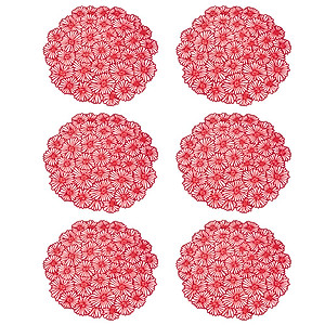 Floral Placemats Wipeable Vinyl Placemats 15 Inch Round Place Mats Farmhouse Kitchen Table Mats Heat Resistant Washable Pressed Vinyl Dining Table Mats Wedding Anniversary Decoration, Red