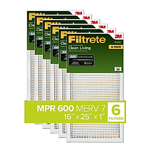 Filtrete 16x25x1 Air Filter, MPR 600, MERV 7, Clean Living Dust Reduction 3-Month Pleated 1-Inch Air Filters, 6 Filters