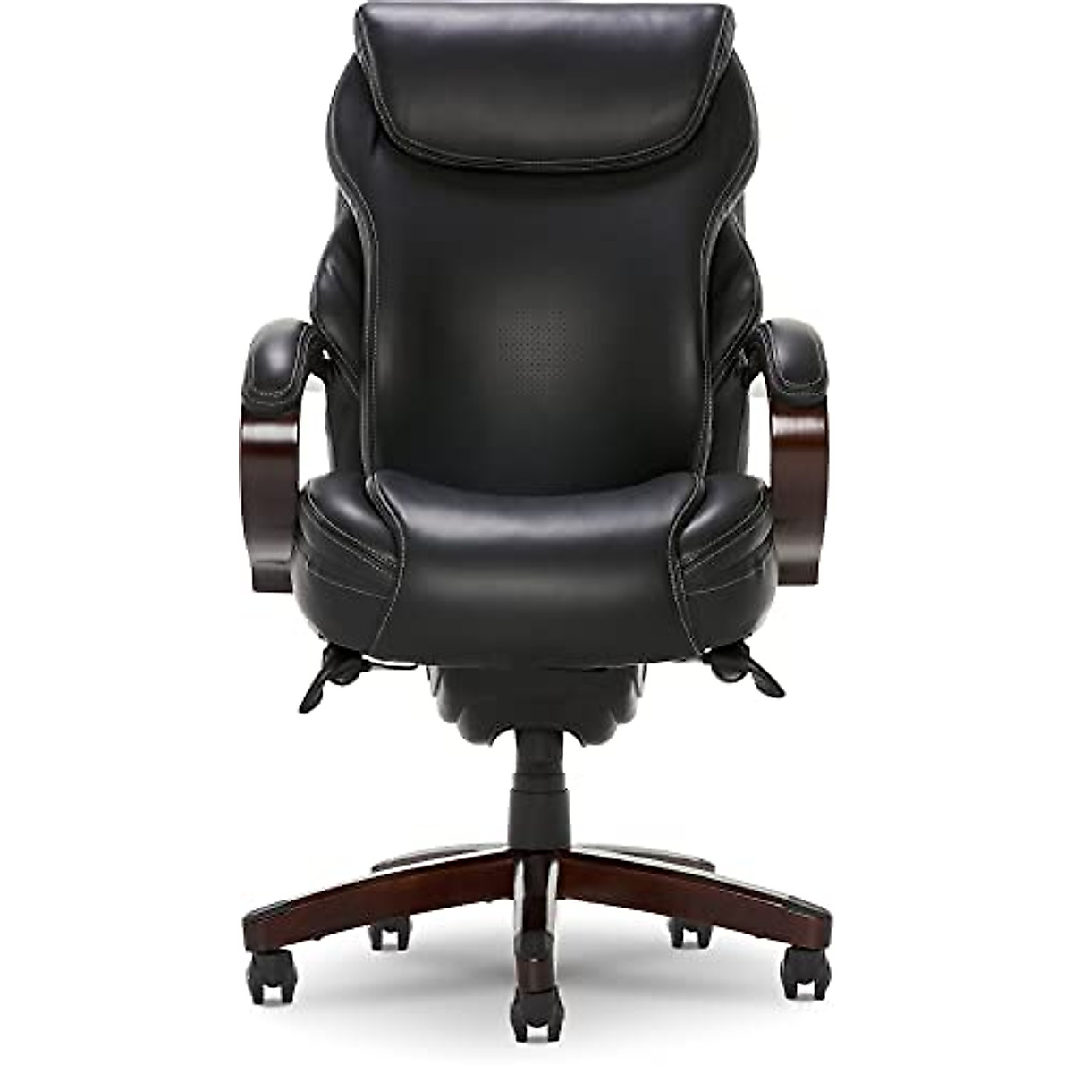 La-Z-Boy Hyland Executive Office Chair with AIR Technology, Adjustable High Back Ergonomic Lumbar Support, Bonded Leather, Mahogany Wood Finish/Black