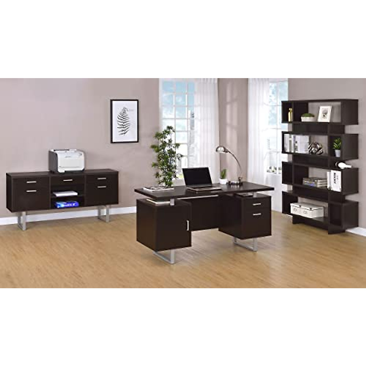 Coaster Furniture Lawtey Modern Contemporary 2 Drawer Home Office Writing Desk Storage File Cabinet Silver Metal Frame Cappuccino Brown 801521