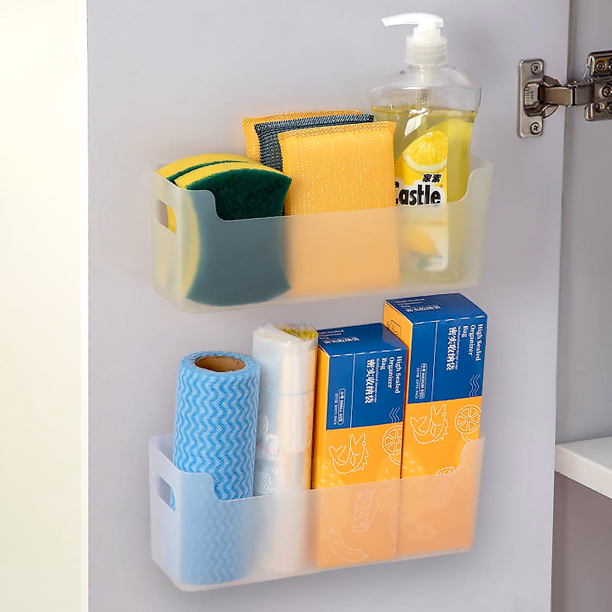 2 Pcs Kitchen Cabinet Door Organizer, Adhesive Mount Inside Cabinet Door Storage, Under Sink Door Storage Shelf for Kitchen, Bathroom, Office, Garage, Craft Room (Transparent)