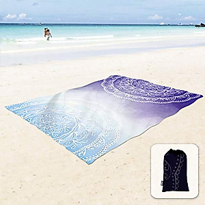 Sunlit Silky Soft 106"x81" Boho Sand Proof Beach Blanket Sand Proof Mat with Corner Pockets and Mesh Bag for Beach Party, Travel, Camping and Outdoor Music Festival, Blue Purple Mandala