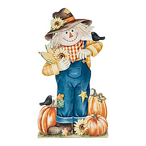 glitzhome GH31362R1 Fall Wooden Welcome Scarecrow Porch Sign Hanging Wall Decor, Orange