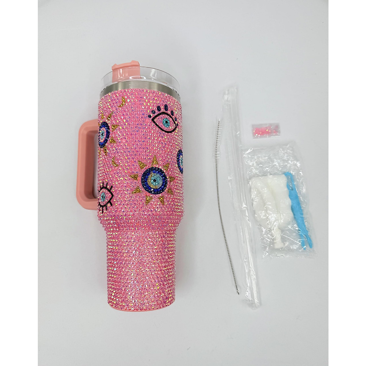Rhinestone Insulated Tumbler with Handle, 40 oz, Pink with Evil Eye Design, Stainless Steel, Includes Straw and Cleaning Kit