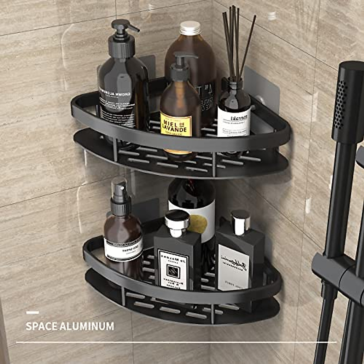 OVERWIND 2 Pack Corner Shower Caddy with 1 Soap Holder Adhesive Bathroom Shelf No Drilling Kitchen Racks Corner Shower Shelves Aluminum Shower Organizer Storage for Kitchen & Bathroom