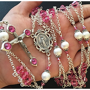 elegantmedical Ladder to Heaven Rose Pink Crystal & AAA10MM Real Pearl BEADS CATHOLIC ROSARY CROSS NECKLACE Sterling Silver beads caps