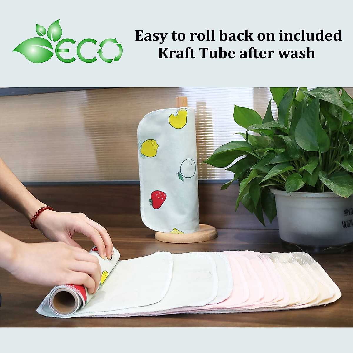 Bamiketty Reusable Paper Towels, Pack 15 Reusable Paper Towels with Durable Cardboard Roll, Cotton Flannel Towel Reusable Napkin, Zero Waste Washable Napkins, Super Soft Paperless Kitchen Cloth