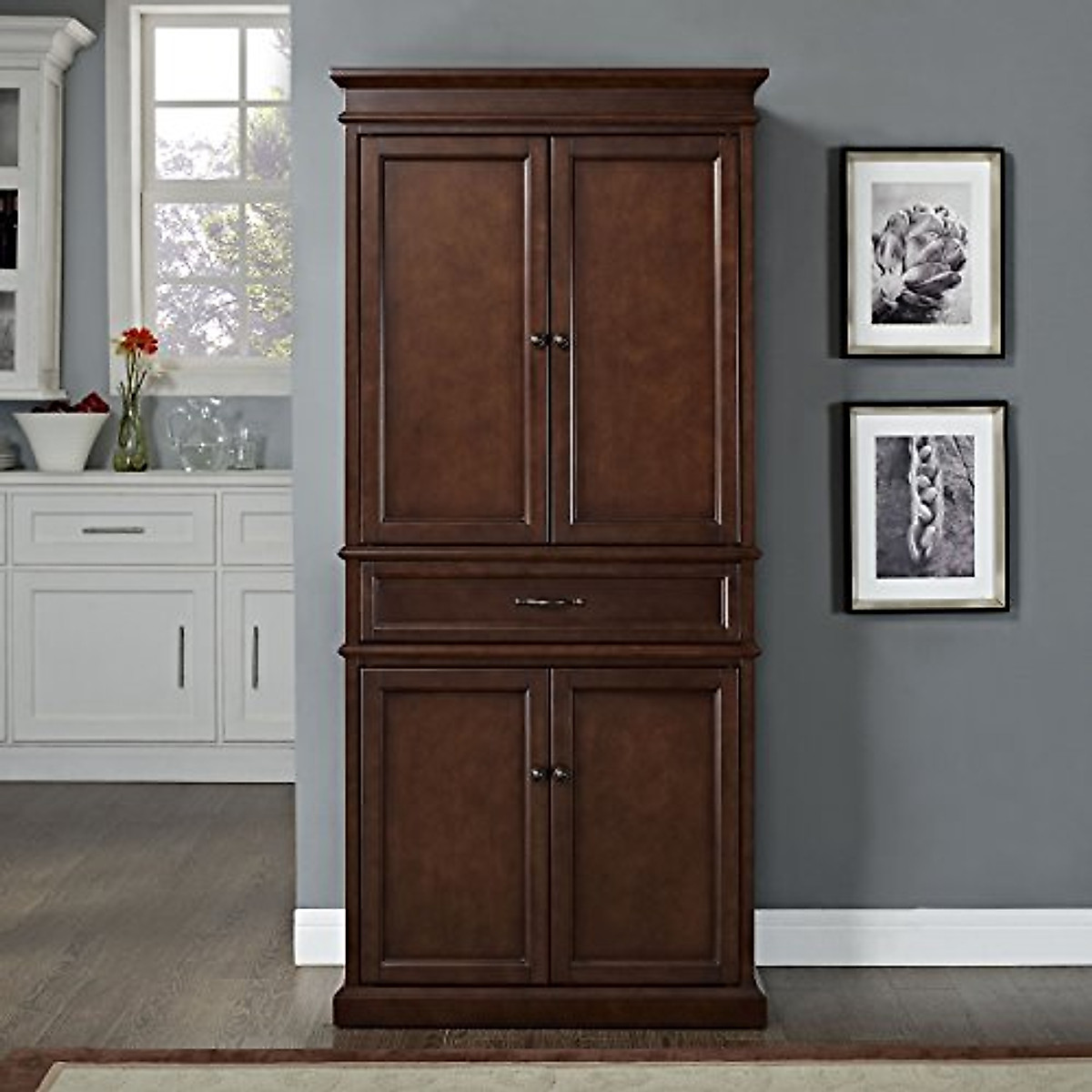 Crosley Furniture Parsons Traditional Pantry Storage Cabinet with Shelves, Kitchen, Dining, or Laundry Room, Vintage Mahogany