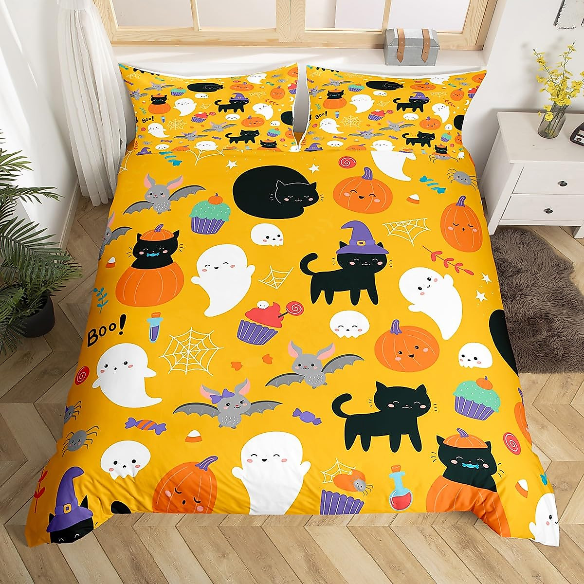 Erosebridal Halloween Bedding Set Queen,Pumpkin Lantern Duvet Cover Cartoon Ghost Comforter Cover Cute Cat Bats Halloween Decoration,Halloween Candy Spider Web Gothic Skeleton Halloween Decor Orange