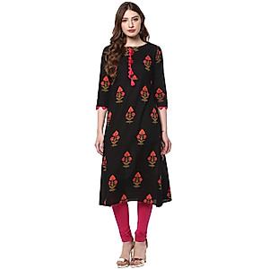 Janasya Indian Women's Tunic Tops Cotton Kurti for Women(JNE2170-KR-436-XL) Black